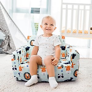 Pipoobear Kids Sofa, Comfy 2-in-1 Toddler Couch Fold Out, Convertible Sofa to Toddler Lounge Chair for Boys and Girls (Animal, Green)