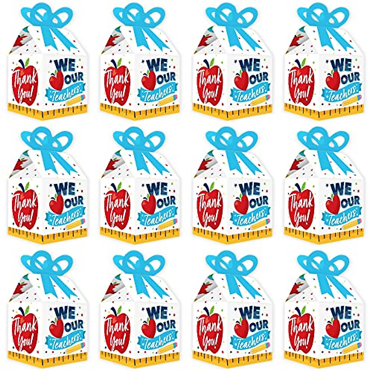 Big Dot of Happiness Thank You Teachers - Square Favor Gift Boxes - Teacher Appreciation Bow Boxes - Set of 12