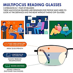 FEIVSN Progressive Multifocus Reading Glasses Blue Light Blocking, Multifocal Readers for Men Women Trifocal Lightweight Eyewear Half Metal Frame Titanium Alloy (3 Pack: Black+Gun+Silver, 2.00)