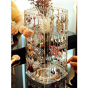 Cq acrylic 360 Rotating Earring Holder Organizer Clear Jewelry Displays Dangle Earinging Rack Necklace Bracelet Carousel Tree Towers,4 Tier Hanging Earring Display Stands For Selling,Pack of 1