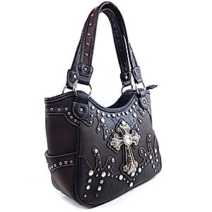 Justin West Cowgirl Western Rhinestone Cross Floral Embroidery Studded Concealed Carry Handbag Purse Trifold Crossbody Messenger Bag Wallet (Brown Tote Purse)