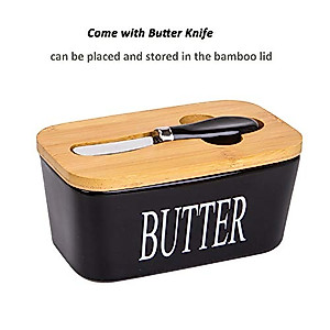 Butter Dish with Cover and knife-Ceramics Butter Container with Bamboo Lid for Countertop,Larger Butter Dishes with Covers Perfect for East West Coast Butter(Black with Words)