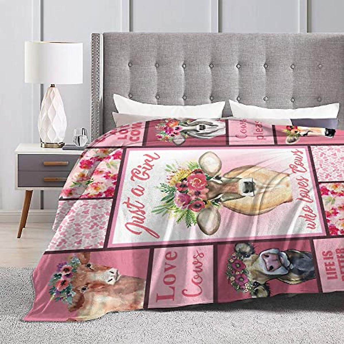 Blanket Cow Print Throw Soft Warmth Flannel Lightweight Cozy Baby Blankets Pink and Flowers Cow Throw Blanket Cow Bedding Decor for Sofa Couch Chair Bedroom60 X50