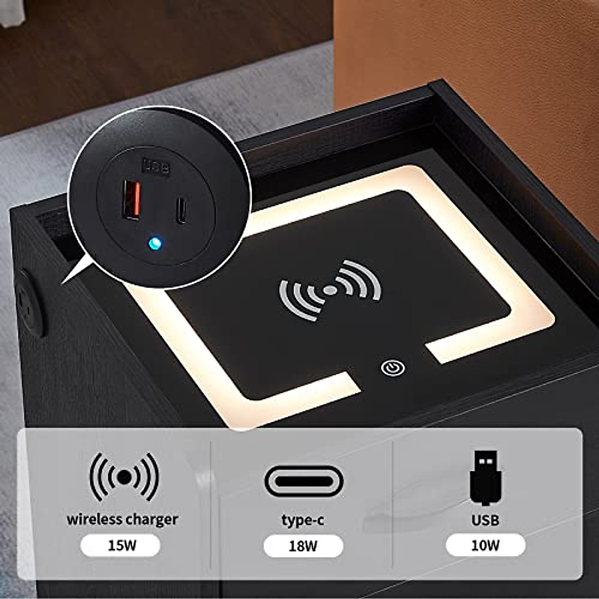 OLD CAPTAIN Nightstand with Wireless Charging Station, Smart Bedside Tables with Drawers and Open Storage Shelf for Bedrooms (Black Elm) … … …