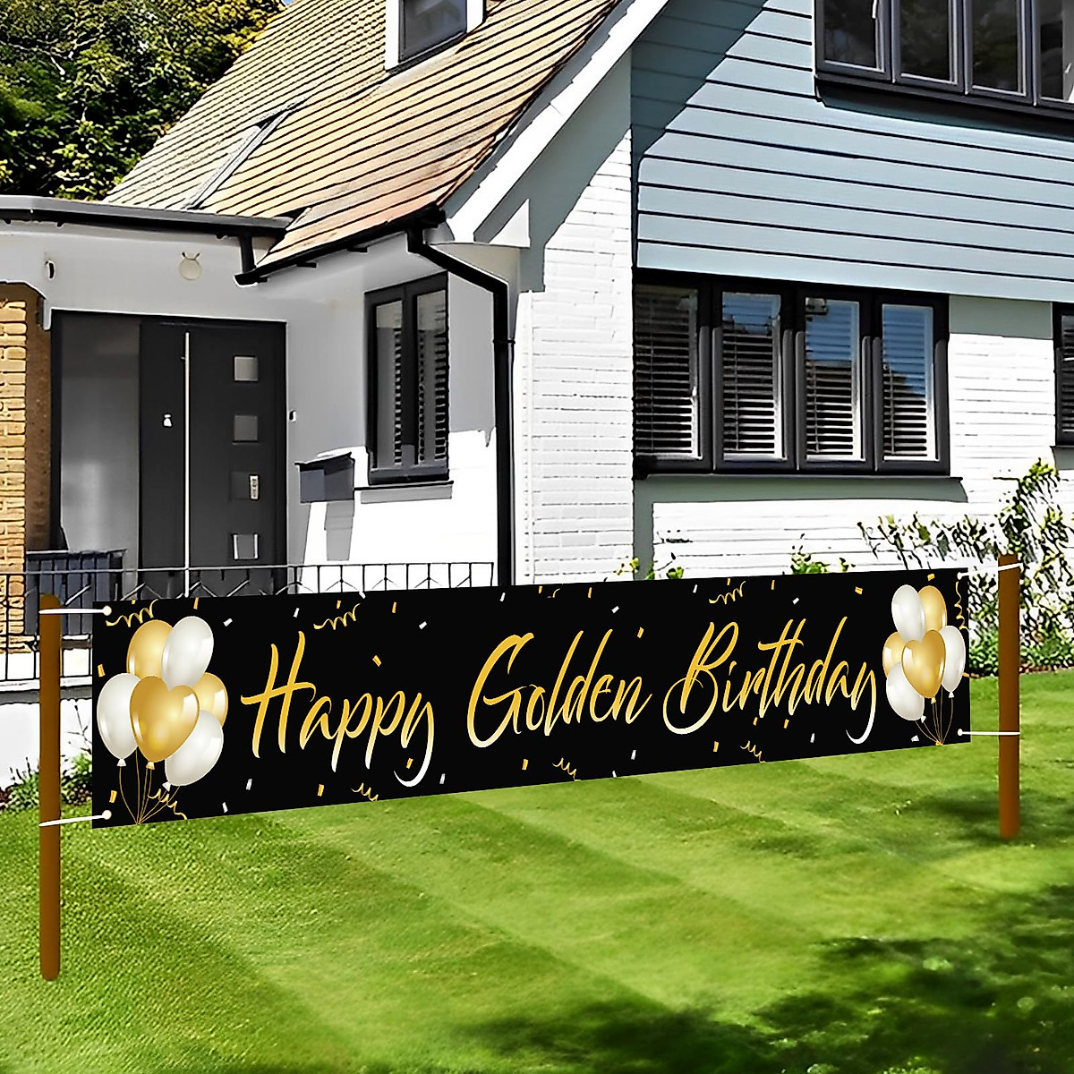 Labakita Large Happy Golden Birthday Banner, Golden Birthday Party Banner, 5th, 21st, 24th, 25th, 28th, 30th, 50th 60th Birthday Decorations Supplies