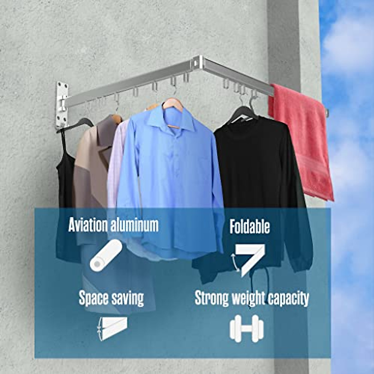 Clothes Drying Rack, Folding Air Dry Laundry, Wall Mounted Hang Dryer, 63"x7", Aluminum, Retractable, Collapsible, Foldable, Pull Out Clothesline for Hanging Shirts, Pants, Indoor, Outdoor w/Hooks