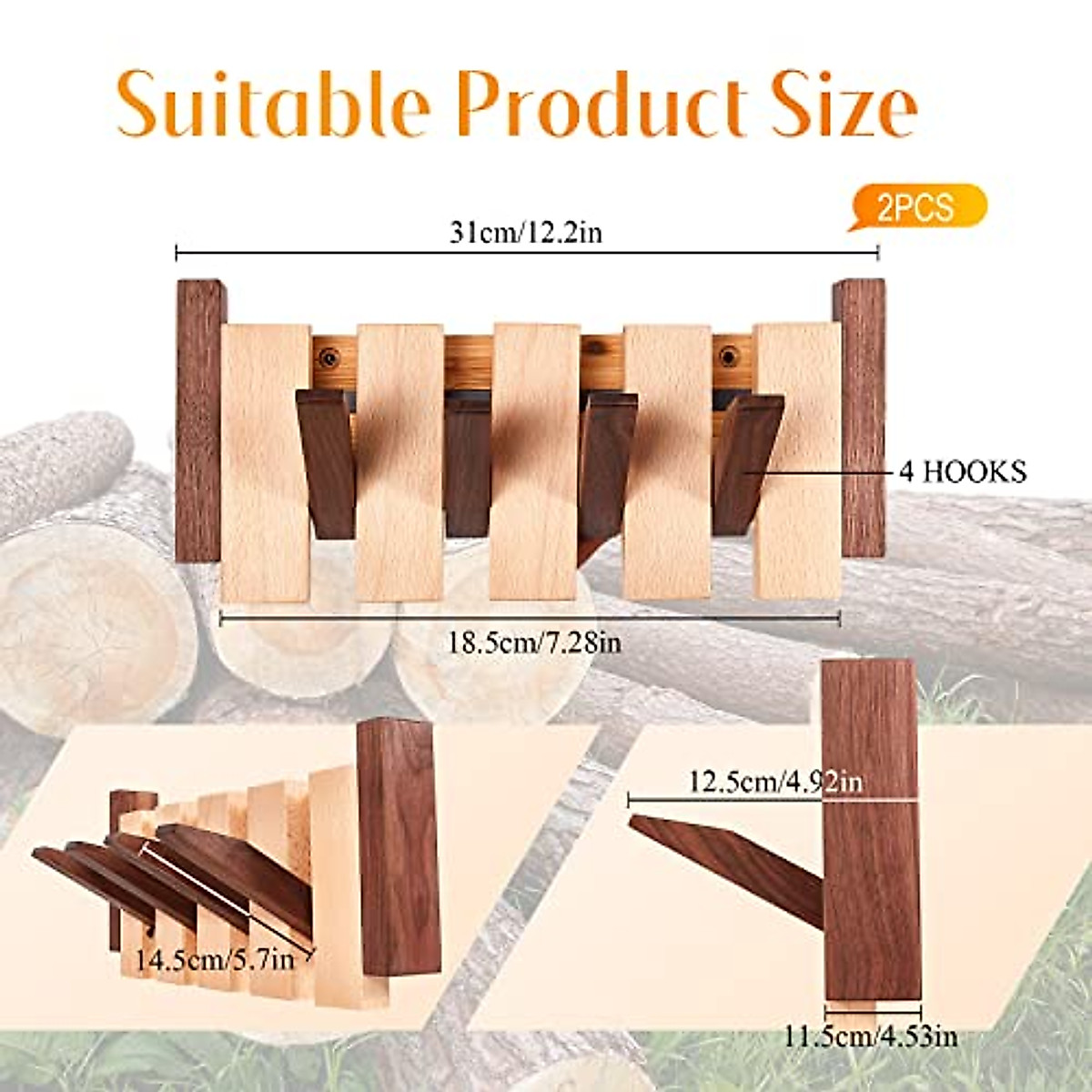 2 Pcs Wood Coat Piano Hooks with 4 Flip Down Hooks Decorative Wooden Wall Mounted Rack Hooks Handmade Natural Walnut Wood and Beech Artwork Coat Hangers Multi Rack for Towel Hat Key Scarfs Purses Bag