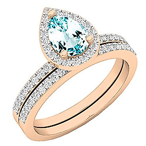 Dazzlingrock Collection 7X5 MM Pear Aquamarine & Round Diamond Ladies Teardrop Wedding Ring Set in 10K Rose Gold, Size 6