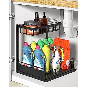 Under Sink Organizers,2-Tier Under Sink Organizers and Storage,Drill-Free Rustproof Stainless Steel Pull Out Shelf with Non-Slip Feet for Kitchen Bathroom, Black