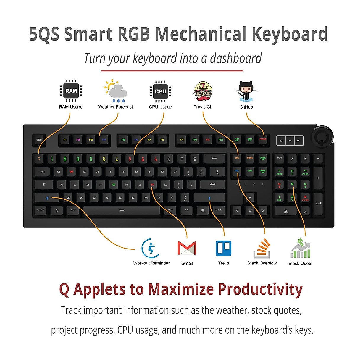 Das Keyboard 5QS Smart RGB Programmable Mechanical Keyboard for Work & Gaming, Soft Tactile Mechanical Switches, Built-in RGB Profiles, Palm Rest, Volume Knob, Aluminum Top (104 Keys, Black)
