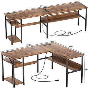 Hyomdeck Reversible L Shaped Computer Desk with Power Outlets and USB Charging Ports, Sturdy Corner Desks with Storage Shelf, Modern Work Gaming Table for Home Office, Easy to Assemble, Rustic Brown