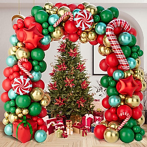 Christmas Balloons Garland Arch Kit, 150Pcs Christmas Garland with Red Green Gold Candy Cane Balloons Red Star Balloons, Christmas Arch for Christmas Party, Xmas Decorations Backdrop for Indoors