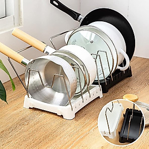 Magicg Pots and pans organizer with 4 Adjustable Organizers for Kitchen Cabinets,Storage Baskets for Shelves，Free Standing Space Saver for Dishes, With Towel Bar (WHITE)