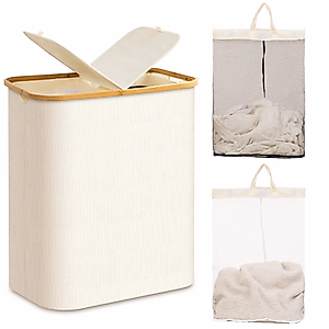 Double Laundry Hamper with Lid and Removable Laundry Bags,145L Large Laundry Hamper 2 Section Collapsible Dirty Clothes Hamper for Laundry Room,College Dorm,Bathroom Beige