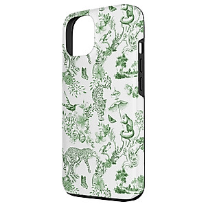iPhone 13 French Green Toile Chinoiserie with Flowers, Leopards Case