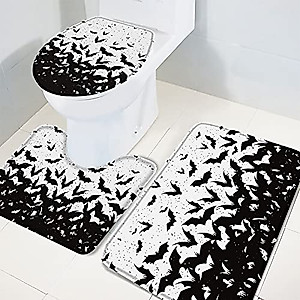 Fancyine 3 Pieces Bath Rugs Sets Halloween Spooky Flying Bats Soft Non-Slip Absorbent Toilet Seat Cover U-Shaped Toilet Mat for Bathroom Decor Black White