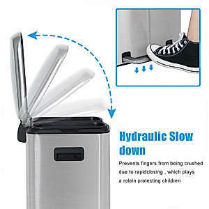 Kitchen Trash Can with Lid & Double Barrel for Bedroom Bathroom Office High Capacity Step Trash Bin Fingerprint-Proof Brushed Stainless Steel Garbage Can 10 Gallon/ 40L