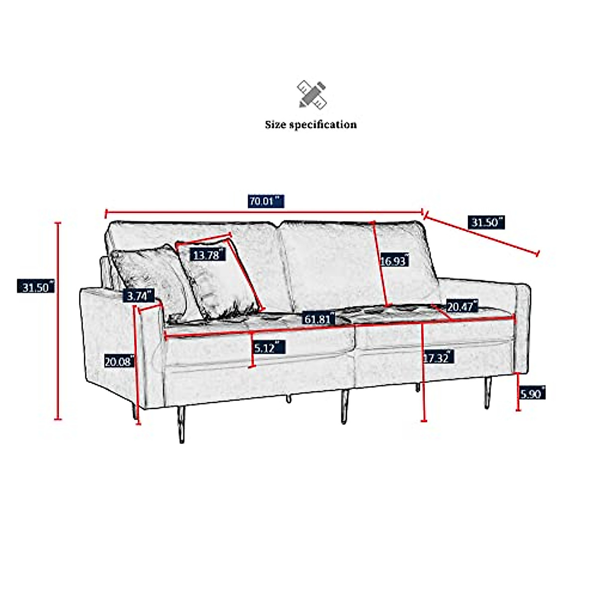JULYFOX Emerald Green Velvet Fabric Sofa Couch, 70 inch Wide Mid Century Modern Living Room Couch 700lb Heavy Duty with 2 Throw Pillows