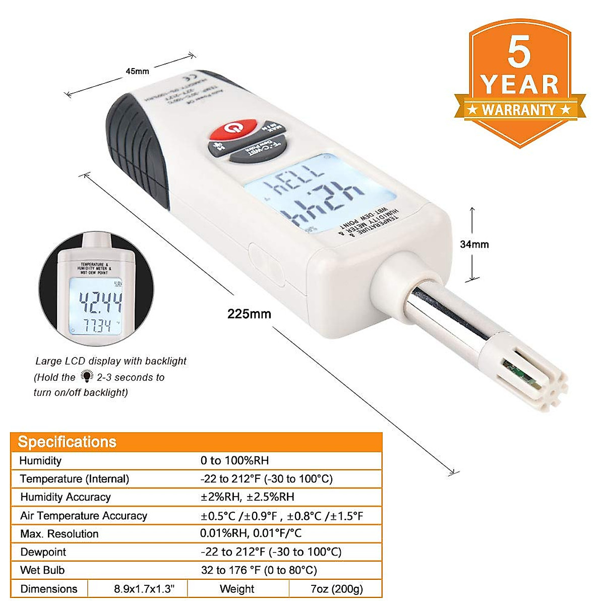Hygro-Thermometer Psychrometer, Handheld Digital Humidity Temperature Meter with Dew Point and Wet Bulb Temperature, Dual Display Temperature & Humidity, Hti-Xintai