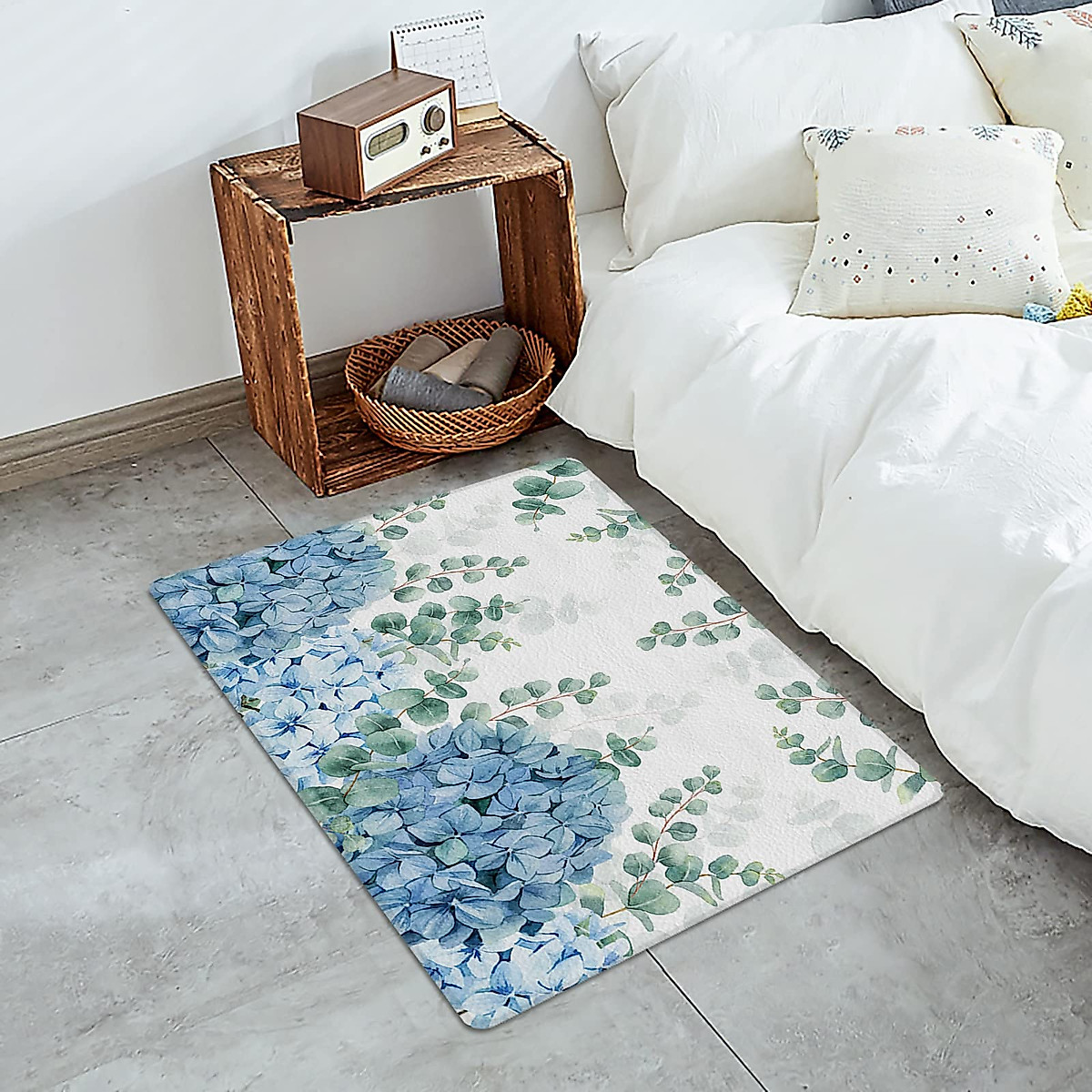 Eucalyptus Floral Antifatigue Kitchen Bath Door Mat Cushioned Runner Rug,Washable Welcome Floor Sink Mat,Green Blue Hydrangea Leaves Waterproof & Non-Slip Comfort Standing Doormat for Kitchen,18"x59"