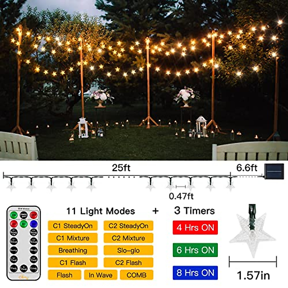 Ollny Solar Christmas Lights, Solar Star String Lights 50LED 25FT Warm White & Multicolor Outdoor Patio Lights, with Remote 11Modes Memory Waterproof Timer for Christmas Garden Fence Yard Decorations