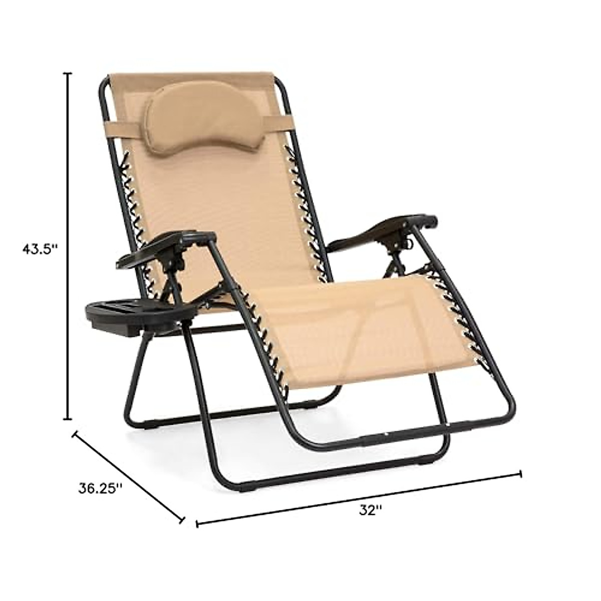 Best Choice Products Oversized Zero Gravity Chair, Folding Outdoor Patio Lounge Recliner w/Cup Holder Accessory Tray and Removable Pillow - Tan