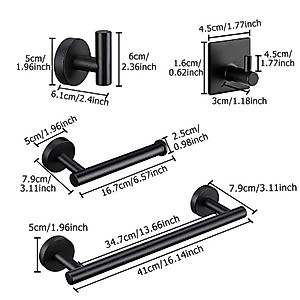5 PCS Matte Black Bathroom Hardware Set,304 Stainless Steel Towel Rack Set Round Wall Mounted Includes 16" Hand Towel Bar,Toilet Paper Holder,3 Towel Hooks Bathroom Accessories Kit (Black)