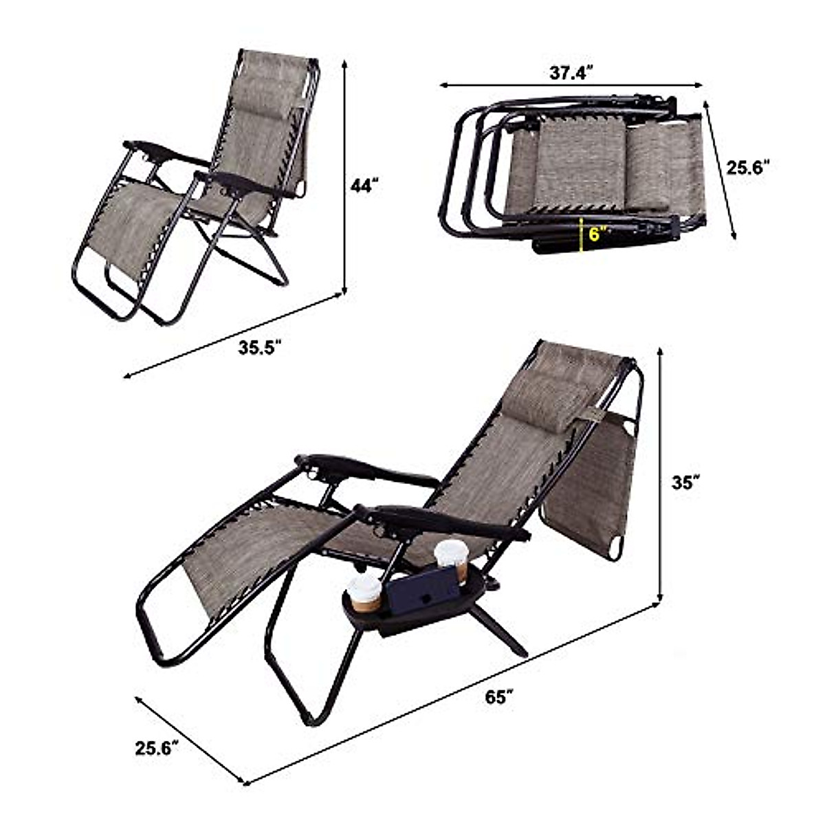 2 Pack Zero Gravity Chair, Folding Lounge Reclining W/Shade Canopy Deck Chaise with Adjustable Headrest Pillows, Cup Holder Tray and Carry Rope for Lawn Poolside Backyard Patio, Beach Camping (Gray)
