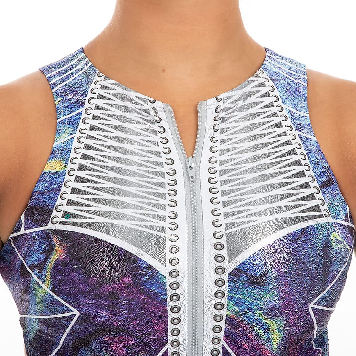 Alexandra Collection Womens Galaxy Princess Zipper Front Bodysuit Leotard Metallic Performance Dance Costume Intercosmic