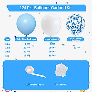 Blue and White Balloons Garland Kit 124 Pack Different Sizes inch Pastel Baby Blue Matte White Balloons and Light Blue Confetti Balloons for Baby Shower Wedding Birthday Party Arch Decorations