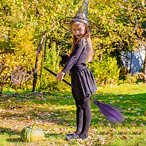 DECHOUS 2Pcs Halloween Witch Brooms, Kids Witch Broomstick Costume Props, 35in Small Halloween Broomstick Decor Wizard Flying Broom Purple Witch Broom for Party Cosplay Halloween