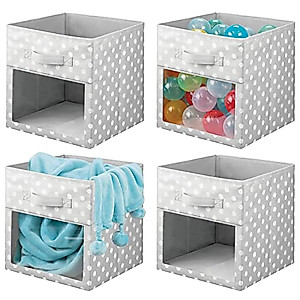 mDesign Fabric Nursery/Playroom Closet Storage Organizer Bin Box, Front Handle/Window for Cube Furniture Shelving Unit, Hold Toys, Clothes, Diapers, Bibs, 4 Pack, Gray/White Polka Dot