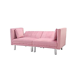 Cotoala Catalina Convertible Futon Sofa Bed, Modern Velvet Tufted Upholstered Loveseat Folding Couch with 2 Pillows and Metal Legs, Adjustable Backrest and Detachable Armrests, Pink
