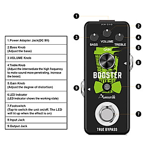 Amuzik Guitar Effect Pedal Booster Analog Guitar Boost Effects Pedals For Electric Guitar Classic Pure Signal Amplification Mini Size True Bypass