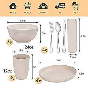 28PCS Kitchen Wheat Streaw Dinnerware Sets, Wheat Straw Plates and Bowls Sets, College Dorm Dinnerware Dishes Set for 4 with Cutlery Set (Beige)