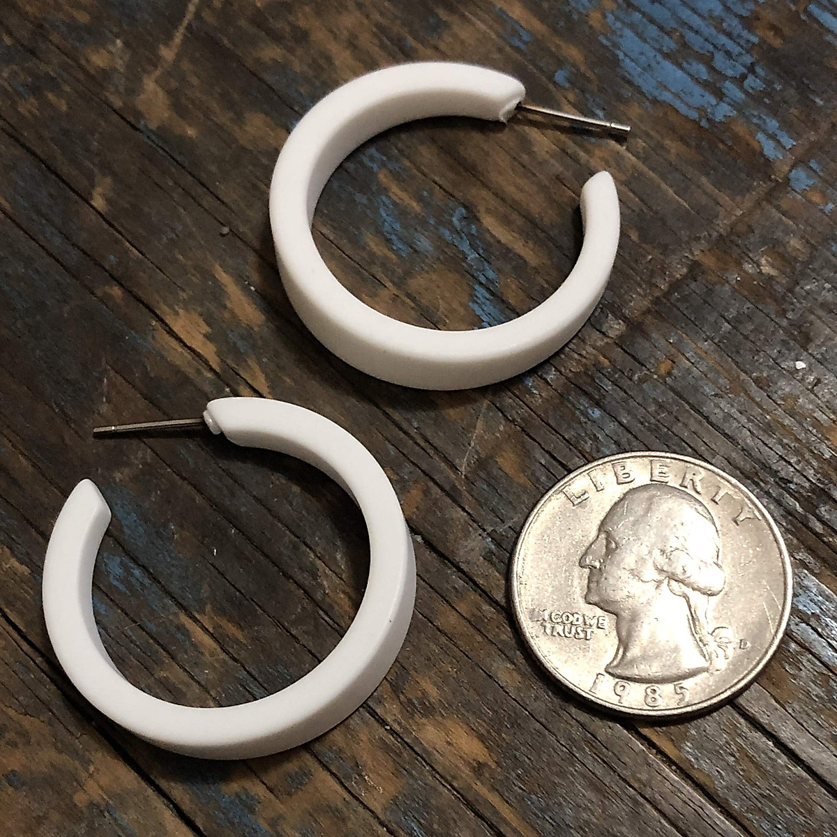 White Acrylic Tapered Lucite White Hoop Earrings 1.25 Inches