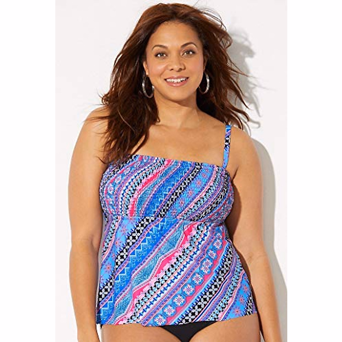 Swimsuits For All Women's Plus Size Smocked Bandeau Tankini Top 24 Pink Blue Zigzag Multicolored