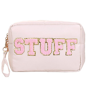 oaesc Nylon Cosmetic Bag Chenille Letter Patches Waterproof Travel Pouch Snack Makeup with Wrist Strap for Women (Beige-STUFF)