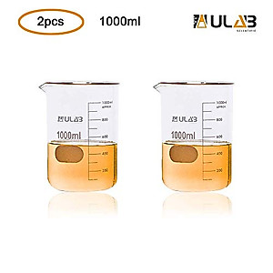 ULAB Scientific Glass Beakers, Vol. 1000ml, 3.3 Borosilicate Griffin Low Form with Printed Graduation, Pack of 2, UBG1017