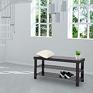 Karl home 3-Tier Bamboo Shoe Rack Bench, Entryway Shoes Storage Shelf Organizer Holds 550 LBS, Shoes Change Benches for Front Door Bathroom Hallway Bedroom Living Room 35.4 x 11 x 17.7 Inches Coffee