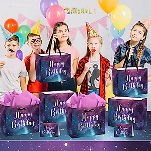 Space Galaxy Birthday Gift Bags, Large Purple Space Galaxy Happy Birthday Party Favor Bags with Greeting Card and Tissue Wrapping Paper for Men Women Kids Adults Anniversary Birthday Party Supplies
