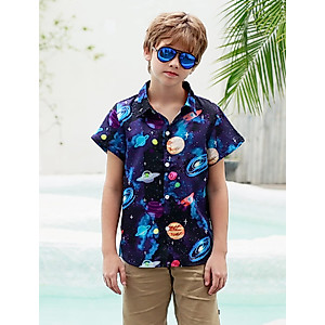 RAISEVERN Big Boys Cotton Dress Shirt Casual Galaxy Button Down Short Sleeve Cartoon Planets Print Cool Sports T-Shirt(9-10 Years)