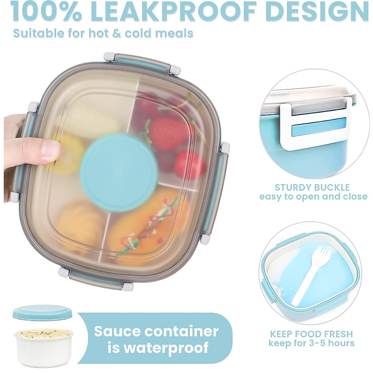 Bugucat Bento Box 54 Oz, Lunch Box with 3 Compartments and Cutlery, Reusable Lunch Containers with Ice Pack, Adults Food Storage Containers for Work Picnic, Dishwasher-safe, BPA-Free