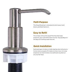 PlumBoss E1000 Built in Soap Dispenser for Kitchen Sink - Multipurpose Stainless Steel Pump with 500mL Bottle for Dish Soap, Hand Lotion, and Hand Sanitizer - Refill from The Top - Brushed Nickel