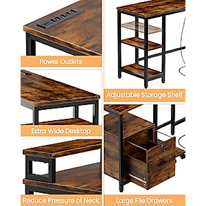 L Shaped Office Desk, 67" Home Office Desk with File Drawer & Power Outlet, Gaming Desk with Mobile CPU Stand, Corner Computer Desk with Monitor Shelf, Printer Storage Shelves, Two Person Desk, Brown