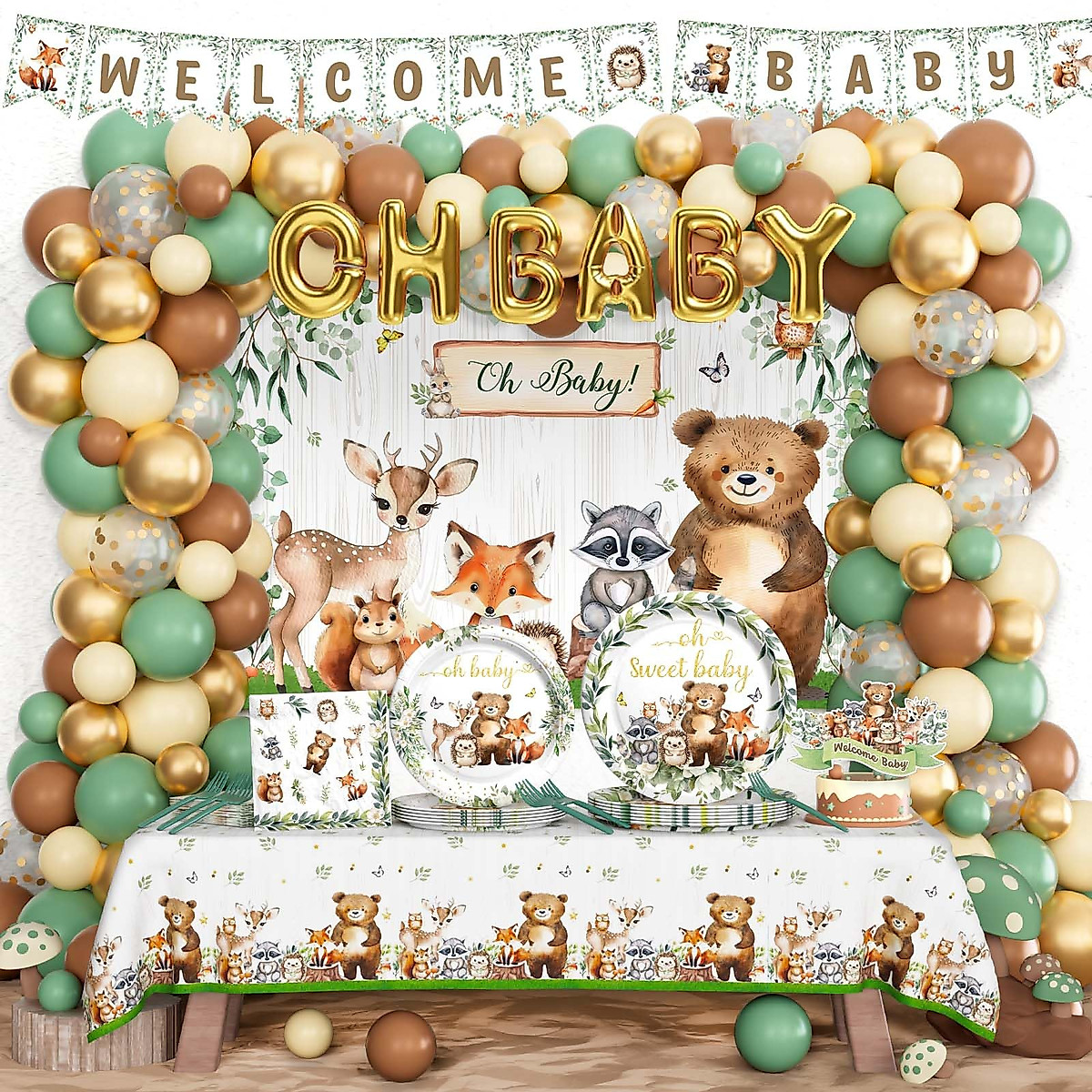 Hombae Woodland Baby Shower Supplies, Forest Animal Neutral Baby Shower Decorations, Baby Shower Decorations For Boy, Backdrop Balloon Banner Tablecloth Cake Topper, Plates, Napkins, Forks