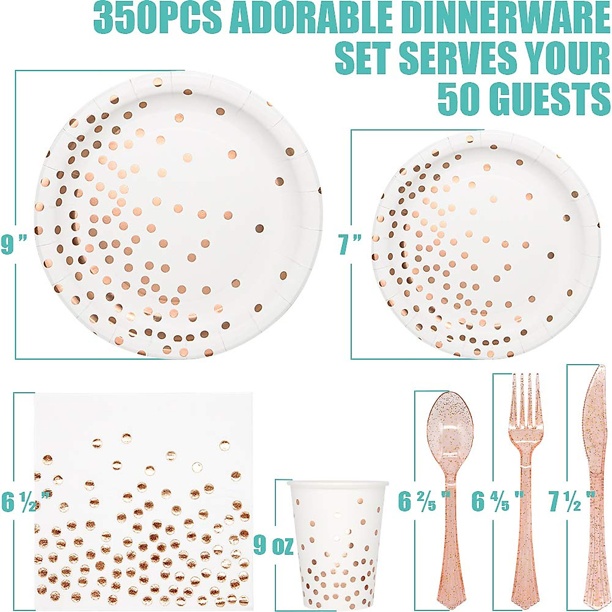 White & Rose Gold Party Supplies - 350 PCS Disposable Dinnerware Set with Paper Plates Napkins Cups, Plastic Forks Knives Spoon for Women Girls Birthday Graduation Bridal Shower Engagement Wedding