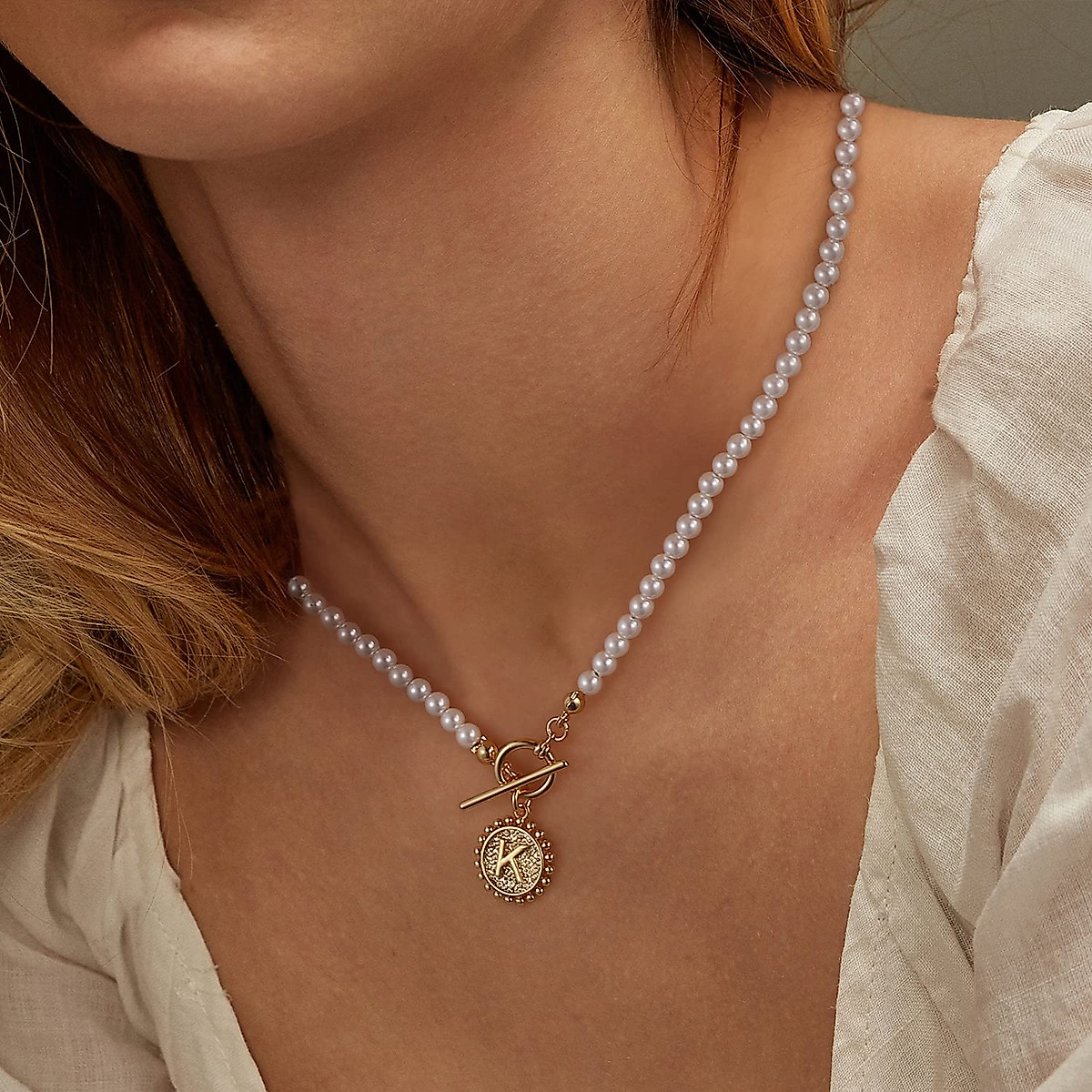 Initial Choker Pearl Necklace for Women, 14K Gold Plated Handmade 4MM Simulated Pearl Necklace Choker Dainty Toggle Clasp M Initial Coin Pendant Pearl Necklace Jewelry Gifts for Women (M)