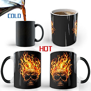 Heat sensitive Cool Flaming Ghost Skull Coffee Mug , Ceramic Color Changing Coffee Cup for Daily Use,Novelty Mug Good Gifts for Halloween Gifts Son Girl Mother Father Friends Boy Husband -350 Ml (H)