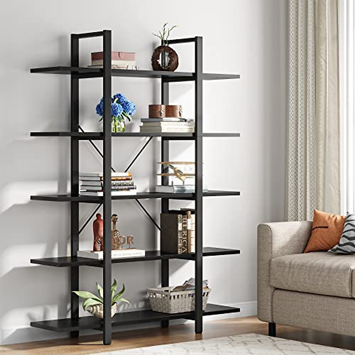 Tribesigns 5-Tier Bookshelf, Vintage Industrial Style Bookcase 72 H x 12 W x 47L Inches, Black